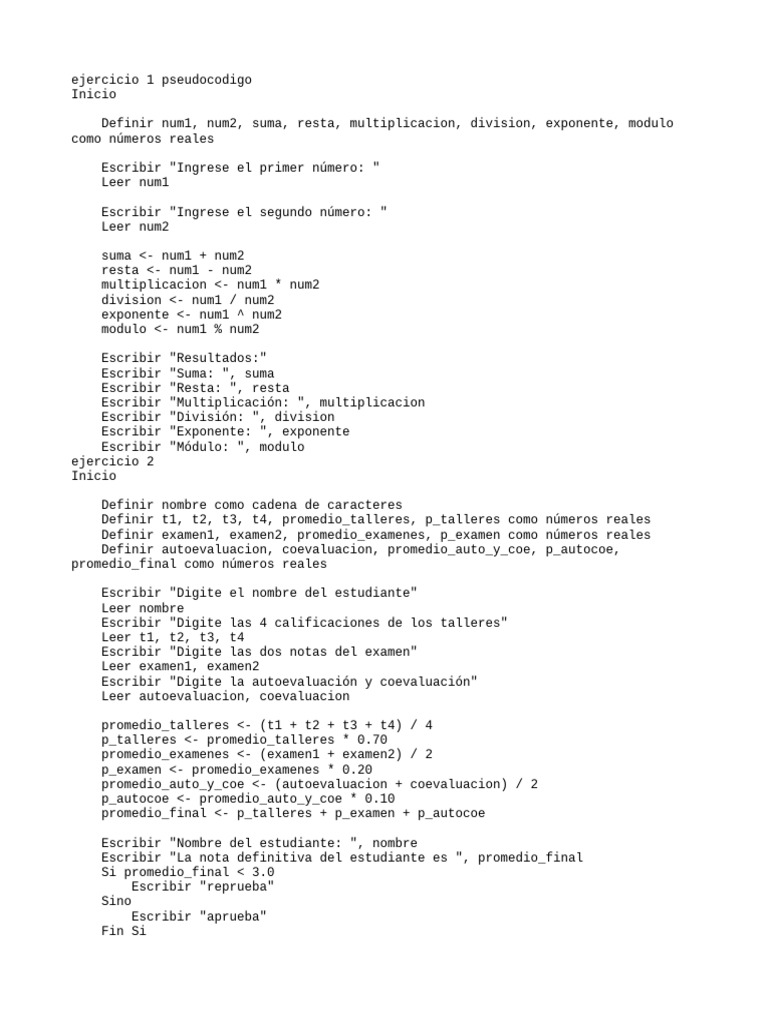 Pseudocodigo Ejercicios | PDF | Matemáticas | Aritmética