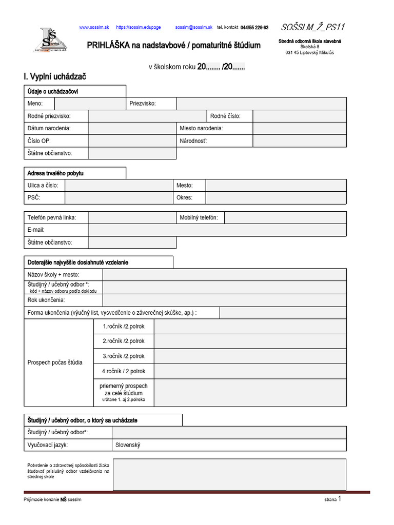 PS11 Prihlaska NS Na PS | PDF