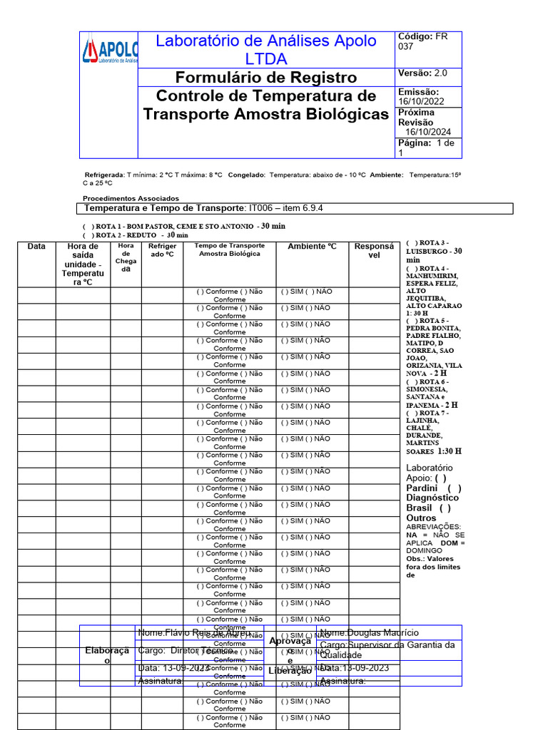 FR 037 - Controle de Temperatura e Transporte de Amostra Biológica. | PDF