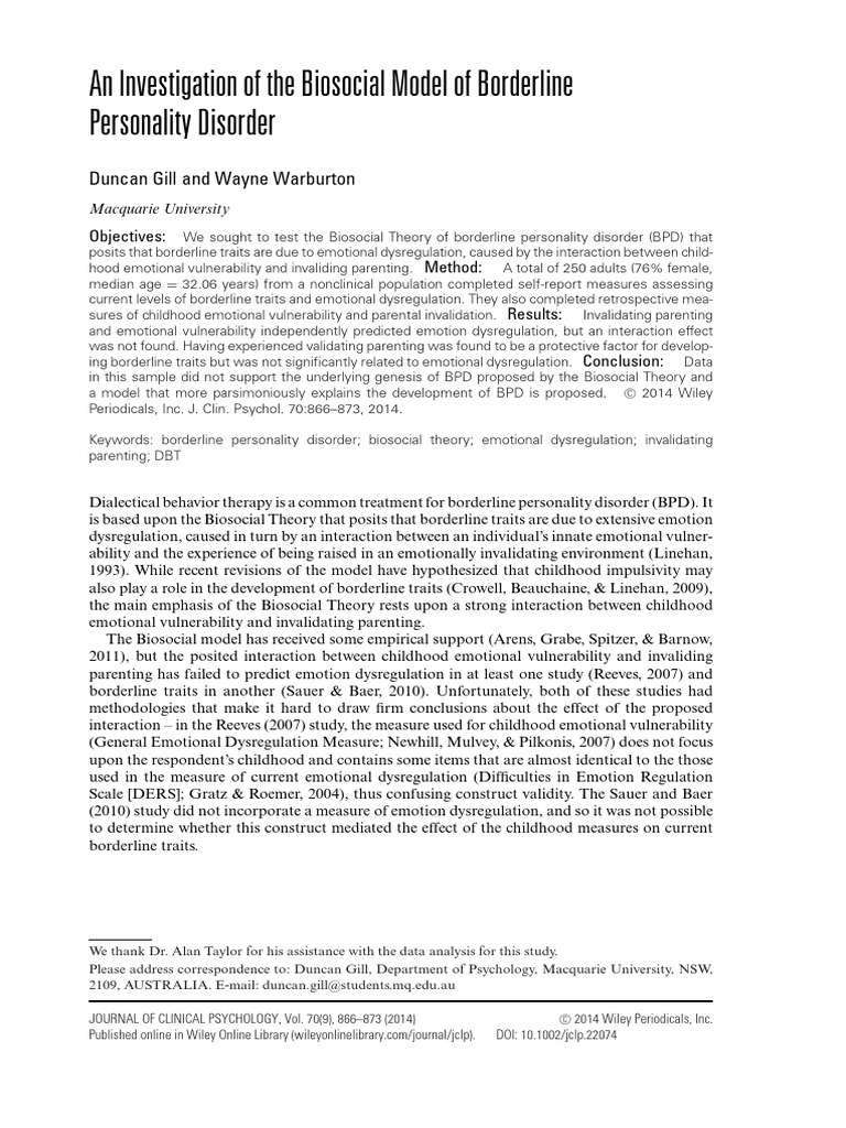 Biosocial Model of Borderline Personality Disorder | PDF | Borderline ...