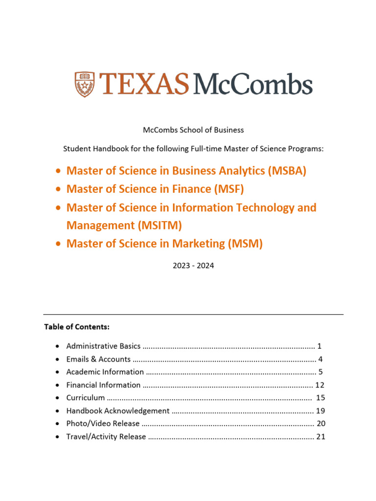 Texas Full-Time-MSBA MSF MSM MSITM 2023-2024 Student Handbook July 2023 | PDF | Analytics