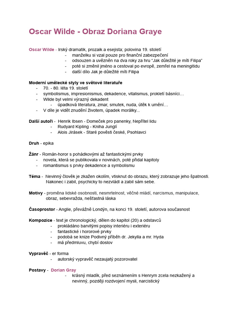 Oscar Wilde - Obraz Doriana Graye Rozbor Díla K Maturitě | PDF