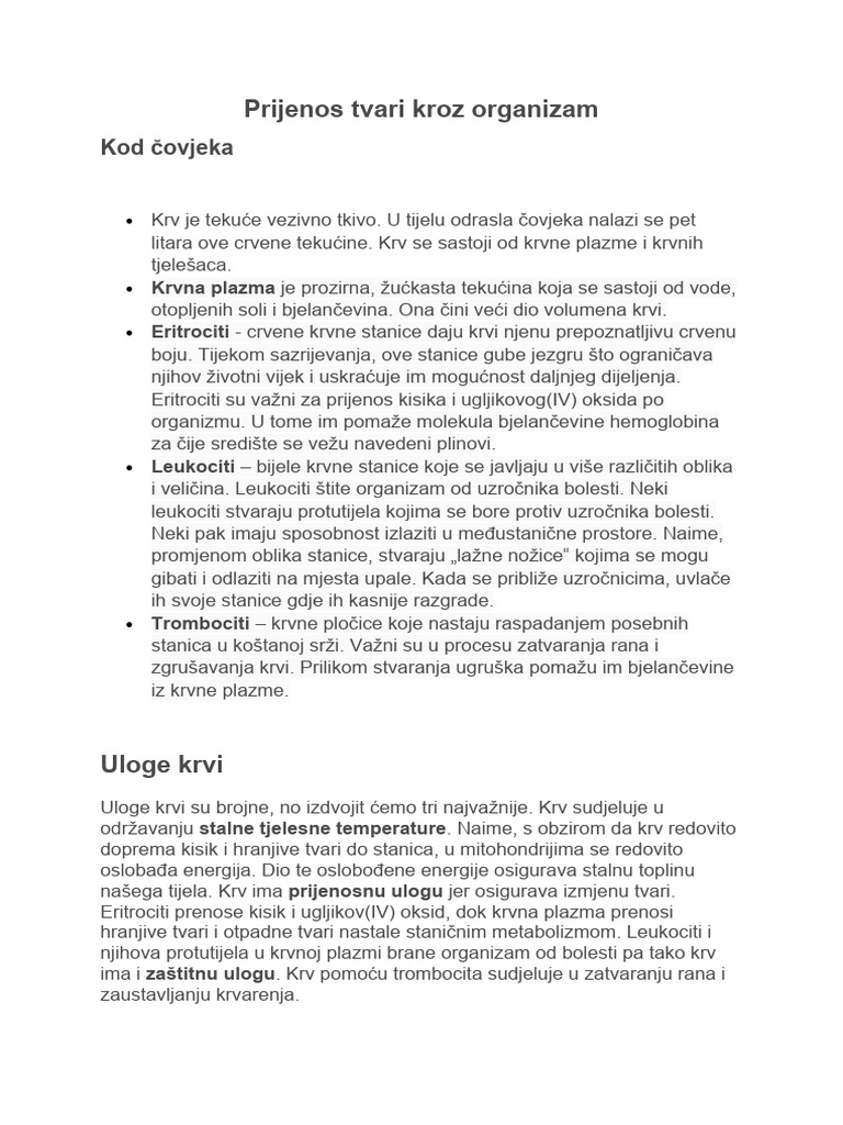 Prijenos Tvari Kroz Organizam | PDF