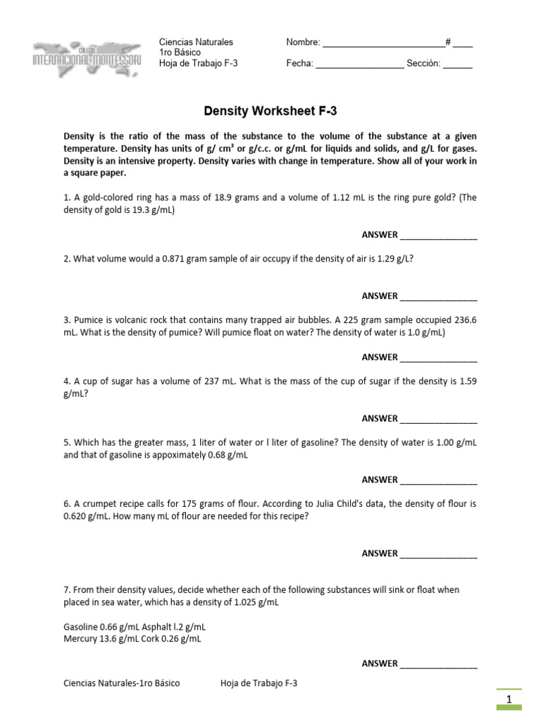 Density Worksheet F-3 | PDF | Density | Water