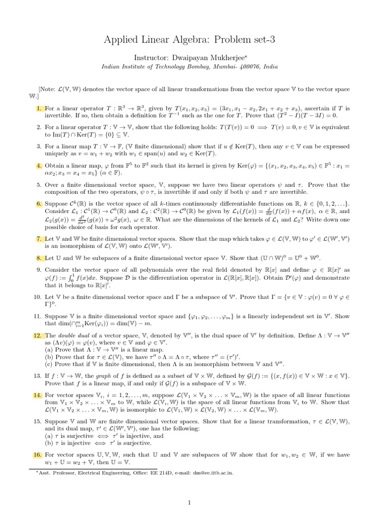 Applied Linear Algebra: Problem Set-3: Instructor: Dwaipayan Mukherjee | PDF | Linear Map ...