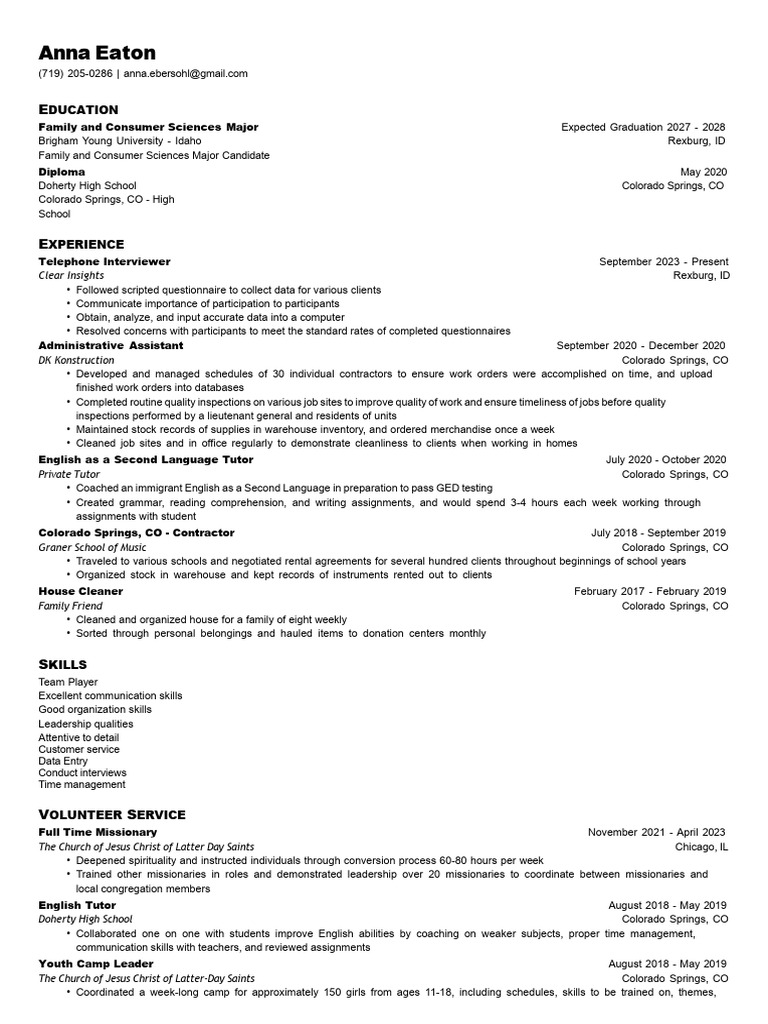 Resume - Anna Eaton | PDF | The Church Of Jesus Christ Of Latter Day Saints