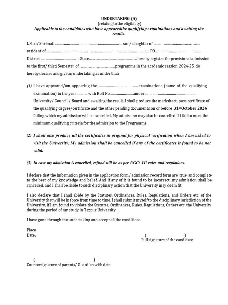 Undertaking For Admission 2023 24 Pass Appearing | PDF | University And ...