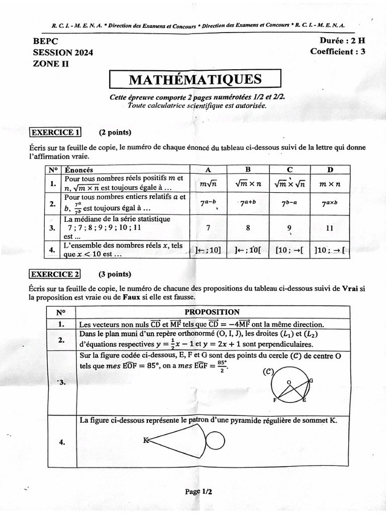 MATHS BEPC 2024 ZONE 2 | PDF