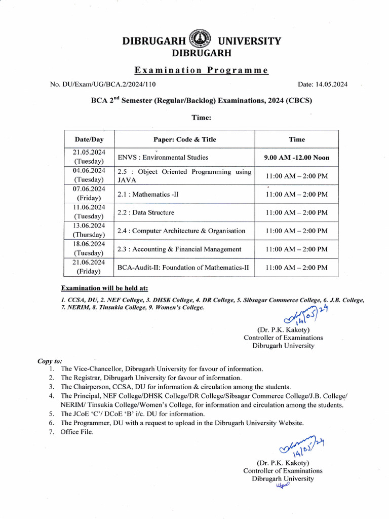 Programme For BCA Even Semester Examination 2024 CBCS | PDF | Software Engineering | Information ...