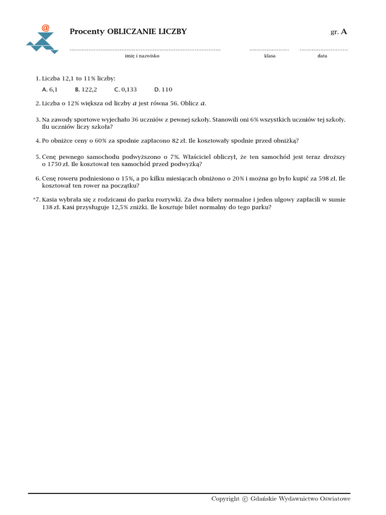 Procenty Obliczanie Liczby, Gdy Dany Jest Jej Procent | PDF