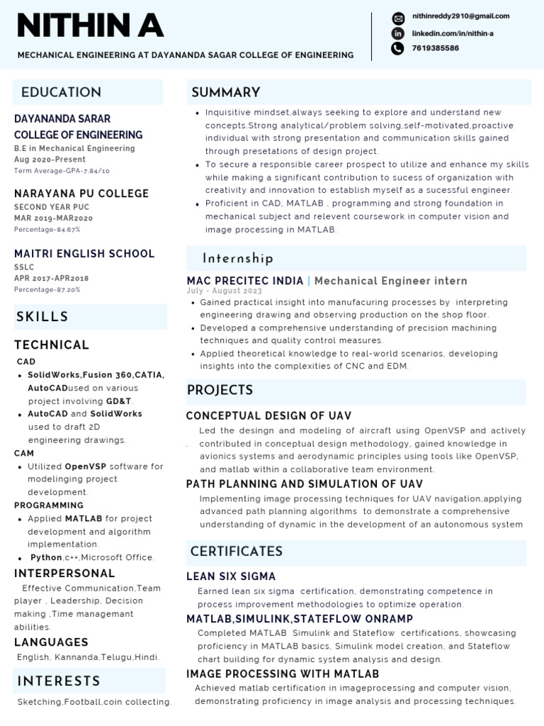 Nithin A Resume | PDF | Engineering | Mechanical Engineering