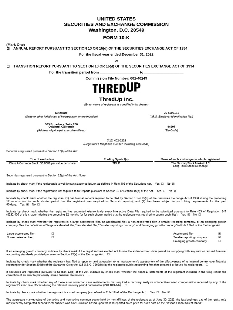 Thredup 10 K | PDF | Form 10 K | Stocks