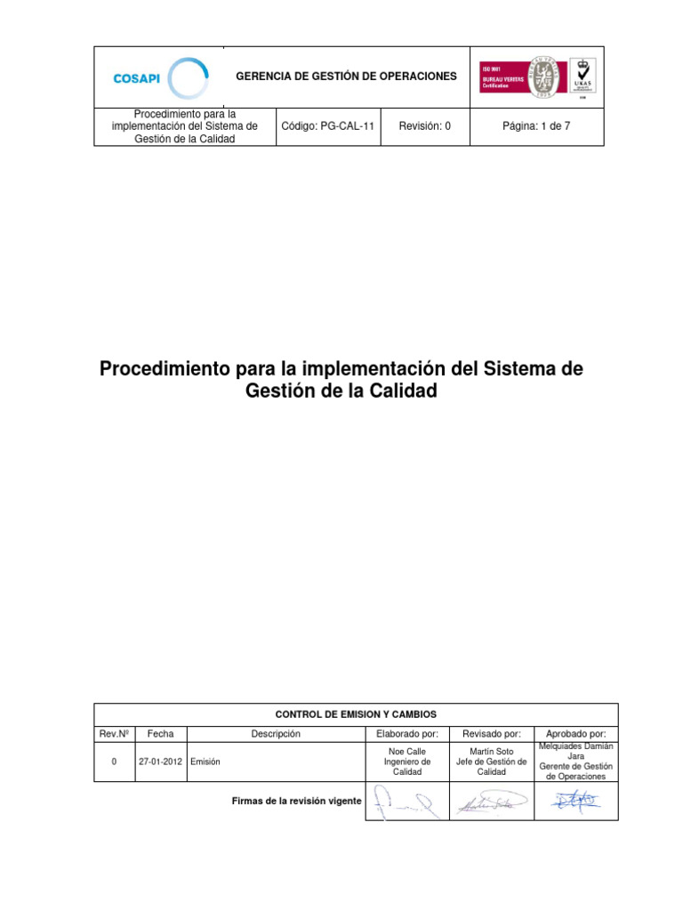 PG-CAL-11 Procedimiento para La Implementación Del SGC (Rev 00) | PDF ...