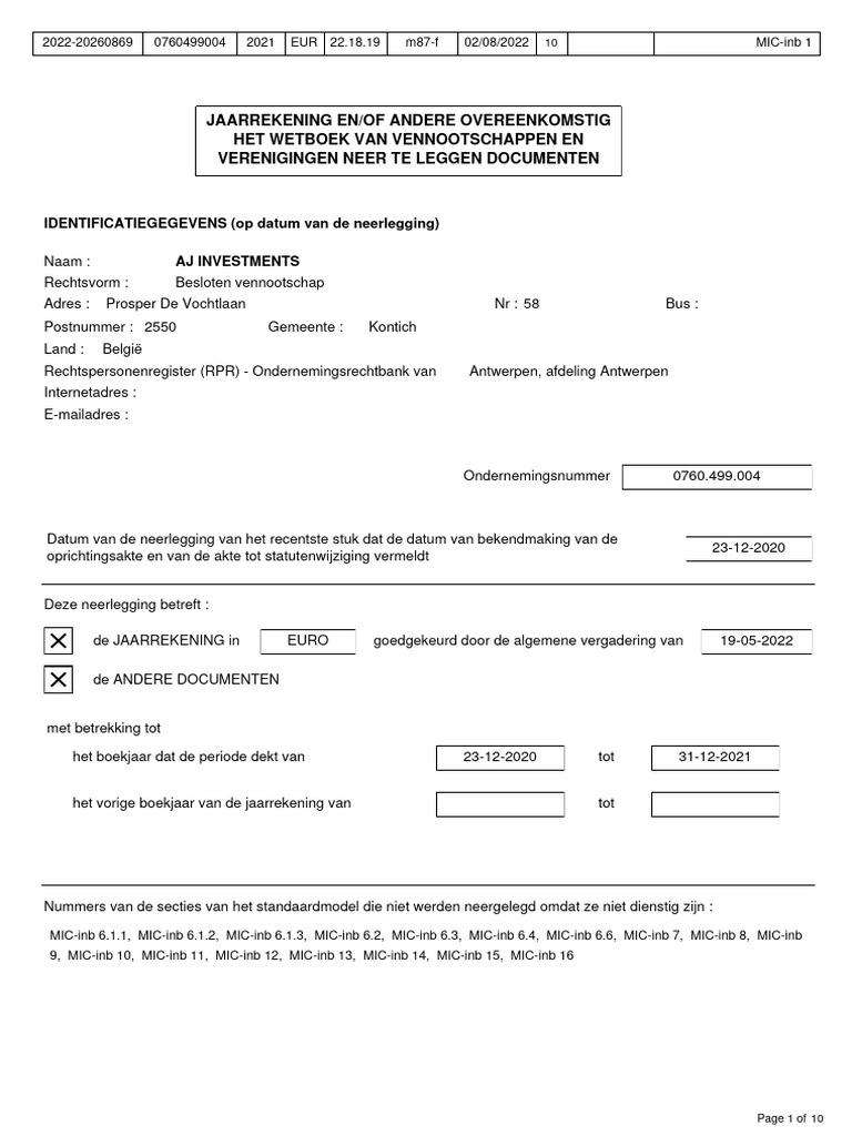 Jaarrekening En/Of Andere Overeenkomstig Het Wetboek Van ...