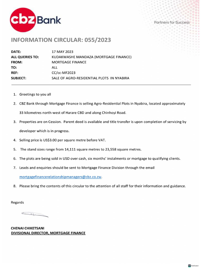 CBZ Bank Nyabira Plots For Sale | PDF