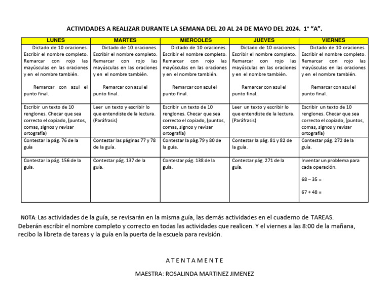 Semana Del 20 Al 24 de Mayo 1° A | PDF | Escritura