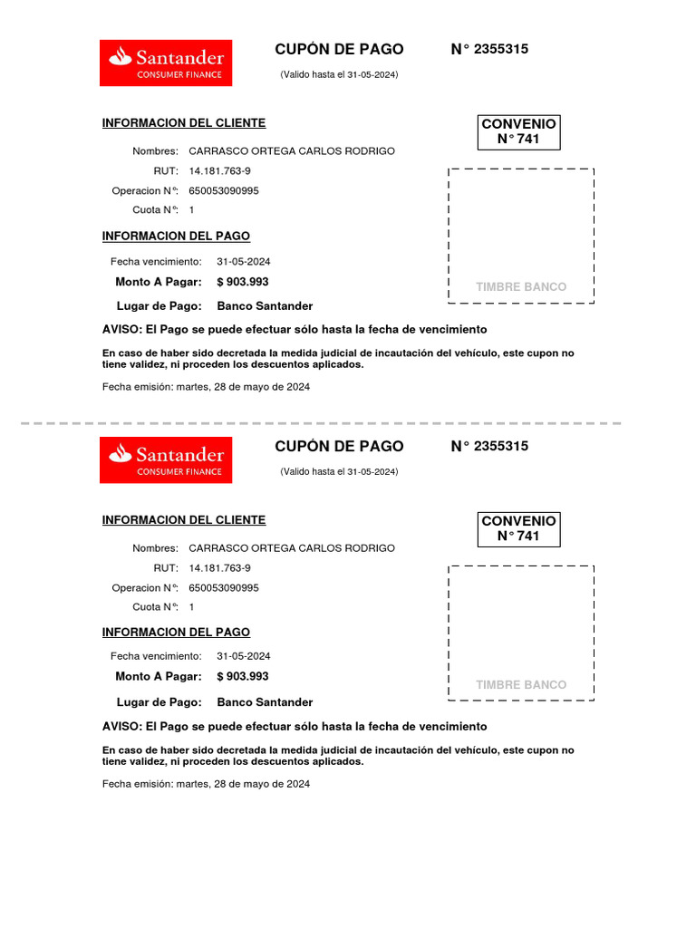 Cupón de Pago N°: (Valido Hasta El 31-05-2024) | PDF | Cupón | Dinero