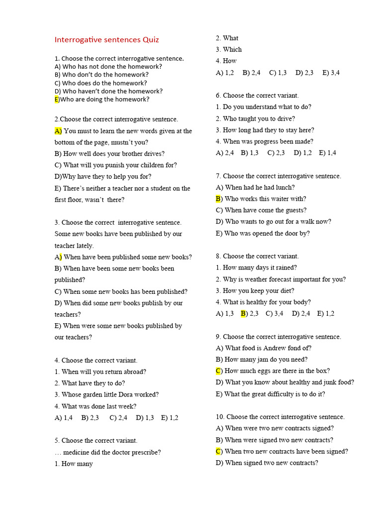 Interrogative Sentences Quiz | PDF