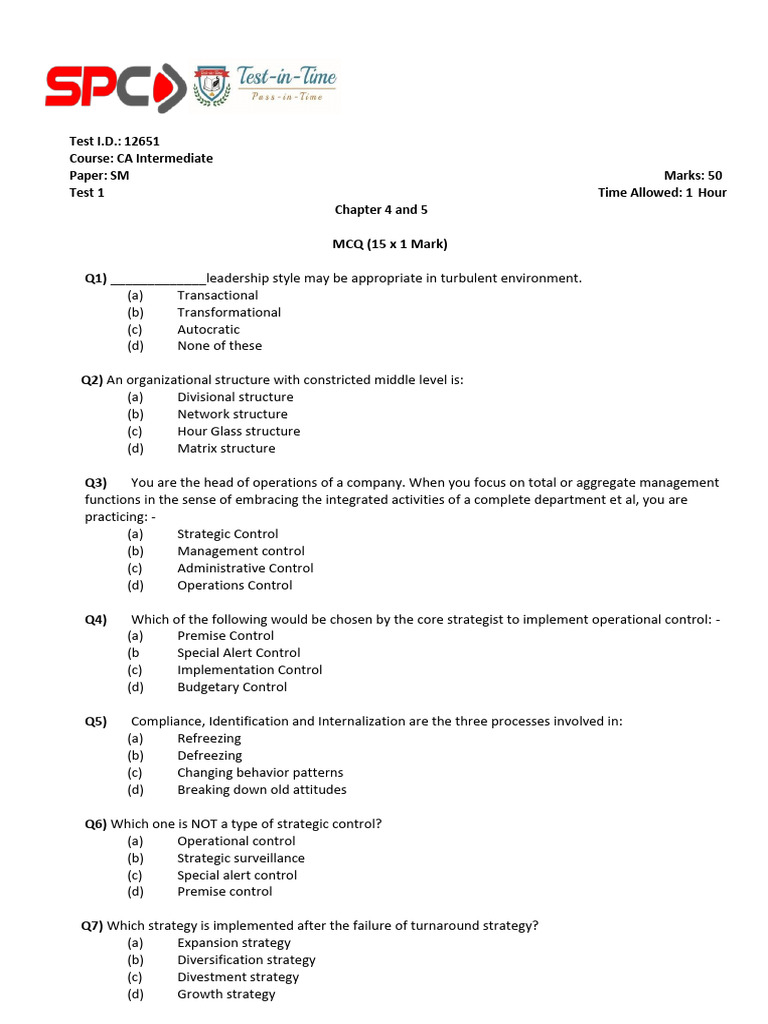 SM Test 1 - QP | PDF | Diversification (Finance) | Mergers And Acquisitions SM Test 1 - QP | PDF | Diversification (Finance) | Mergers And Acquisitions