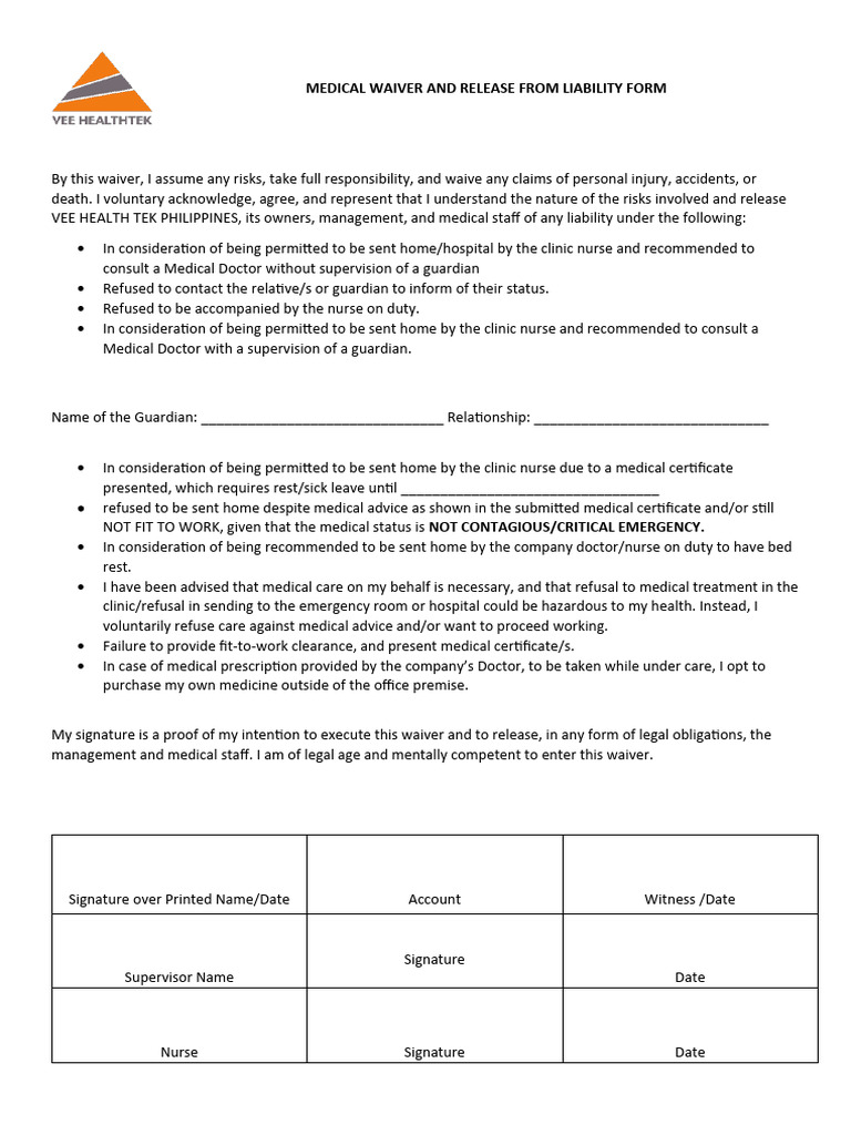 Medical Waiver and Release Form | PDF | Nursing | Medicine