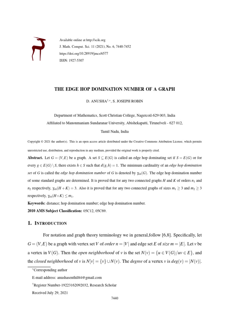 Edge Hop Domination in Graphs | PDF | Vertex (Graph Theory) | Graph Theory