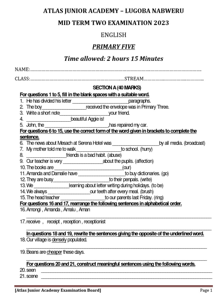 p5 ENGLISH MID TERM TWO EXAMINATION | PDF p5 ENGLISH MID TERM TWO EXAMINATION | PDF