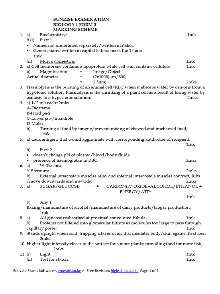 231 BIOLOGY Form 3 EndTerm 1 Marking Scheme - Docx-2 | PDF | Stoma ...