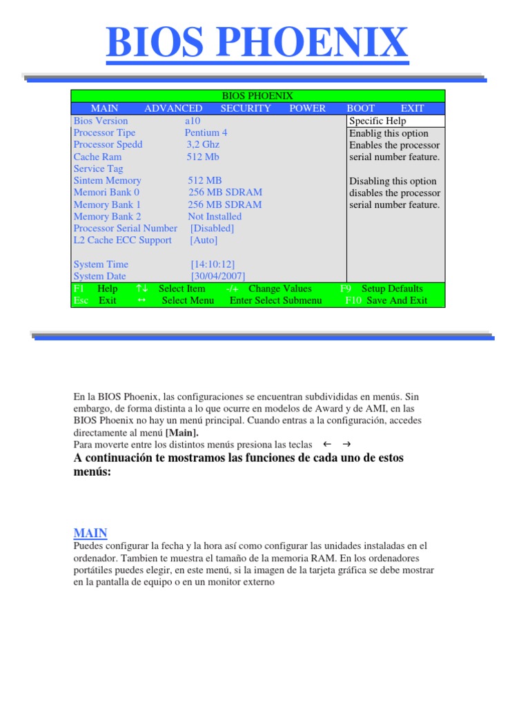Configuración Avanzada BIOS Phoenix | PDF | Bios | Contraseña