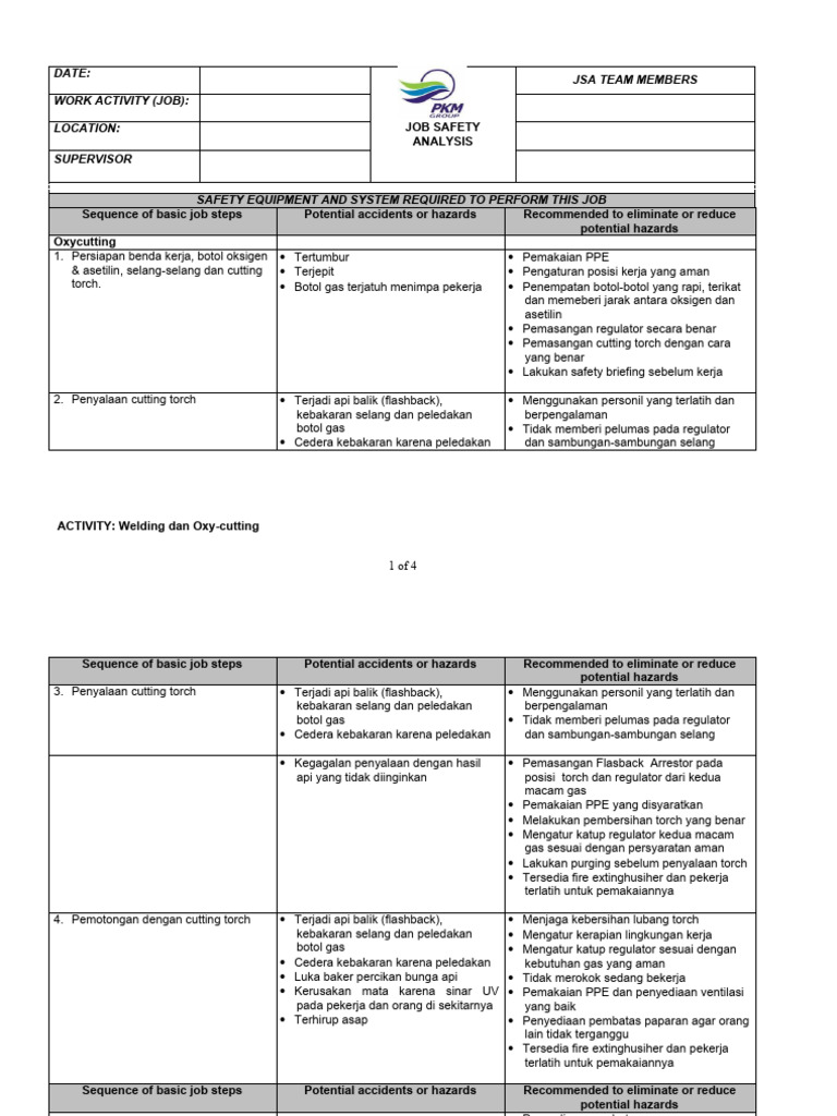 CONTOH JSA - WELDING OXY CUTTING Ok | PDF