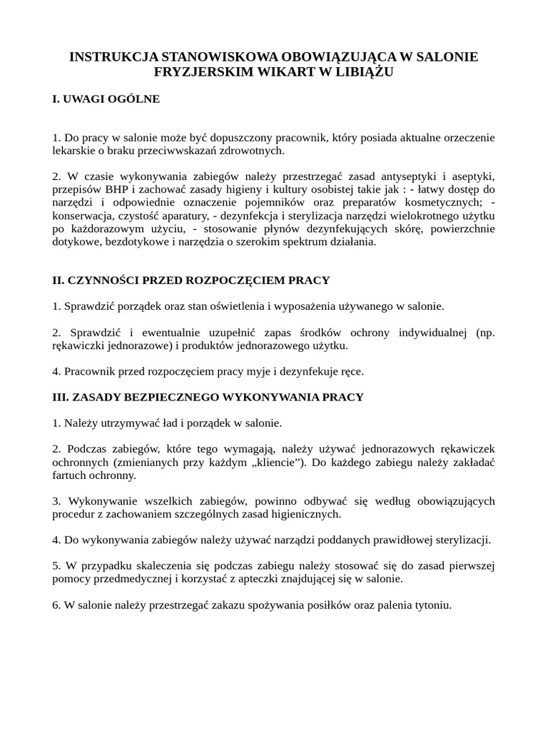 Instrukcja Stanowiskowa Obowiązująca W Salonie Fryzjerskim Wikart W Libiążu | PDF
