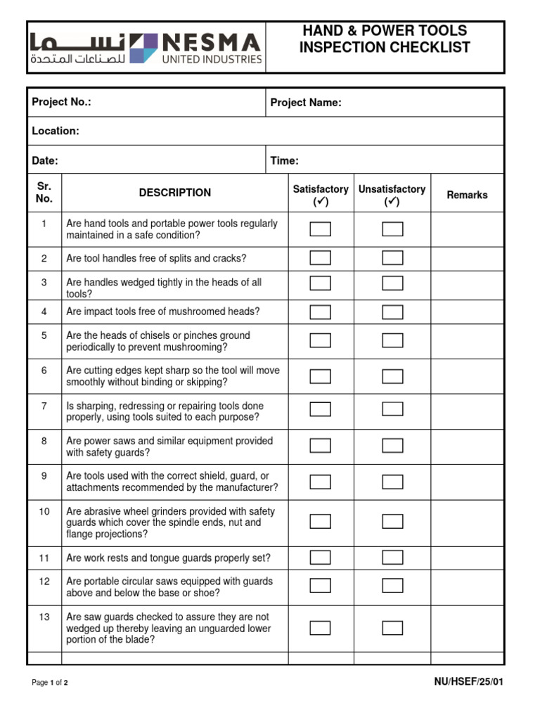 25. Hand _ power tools inspection Checklist | PDF | Tools | Electrical ...