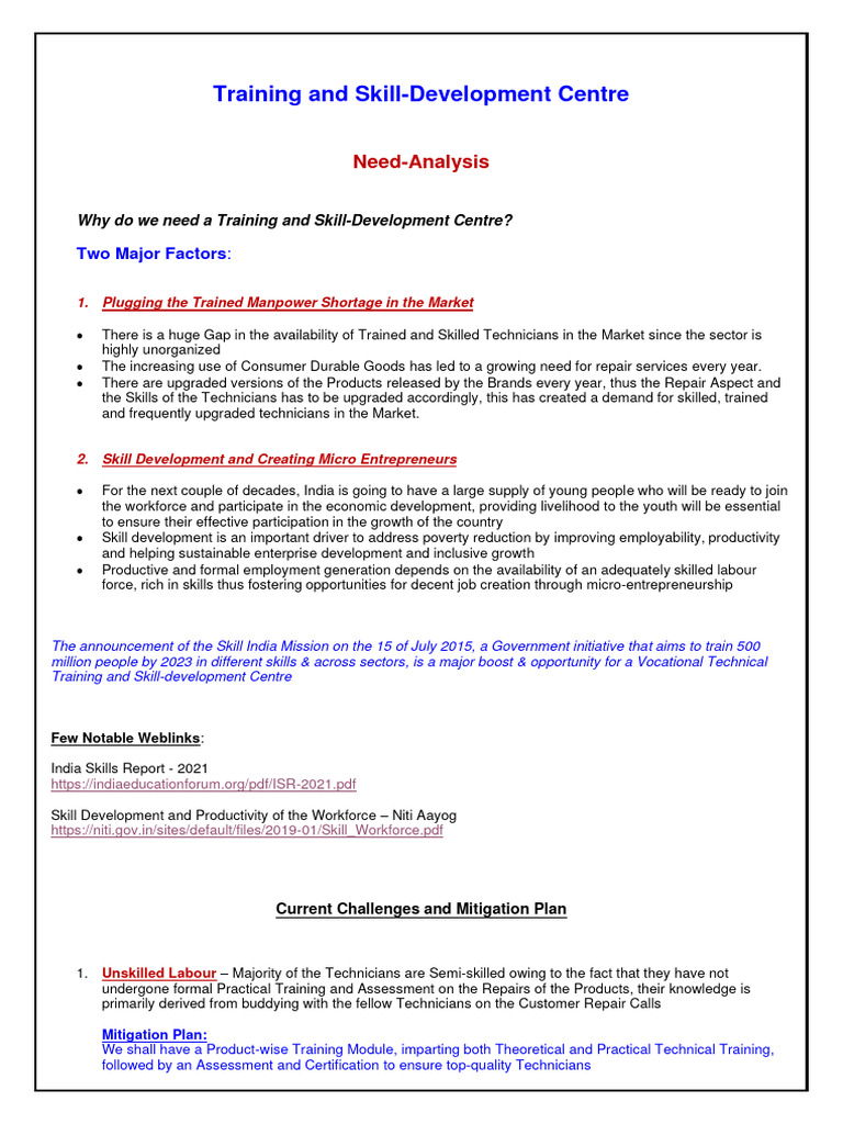 Training and Skill-Development Centre - Need Analysis | PDF | Workforce ...
