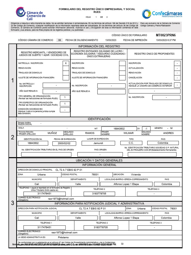 Formulario Rues Camara de Comercio | PDF