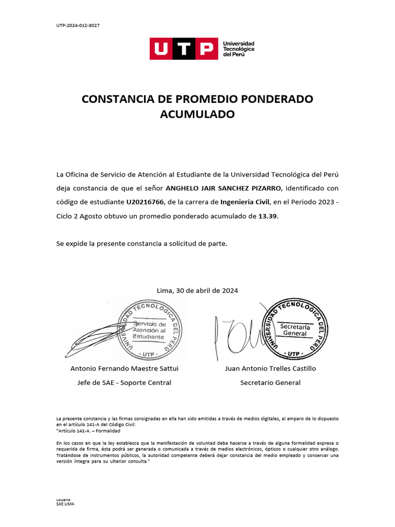 Constancia de Promedio Ponderado Acumulado | PDF | Tecnología