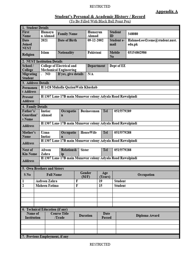 App A Student Personal and Academic History Form - Docx - QHM | PDF