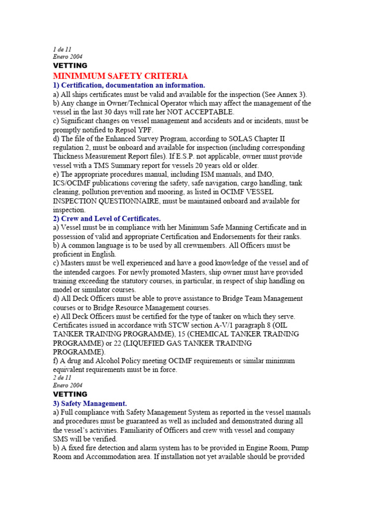 Minimmun Safety Criteria | PDF | Oil Tanker | Pressure Measurement