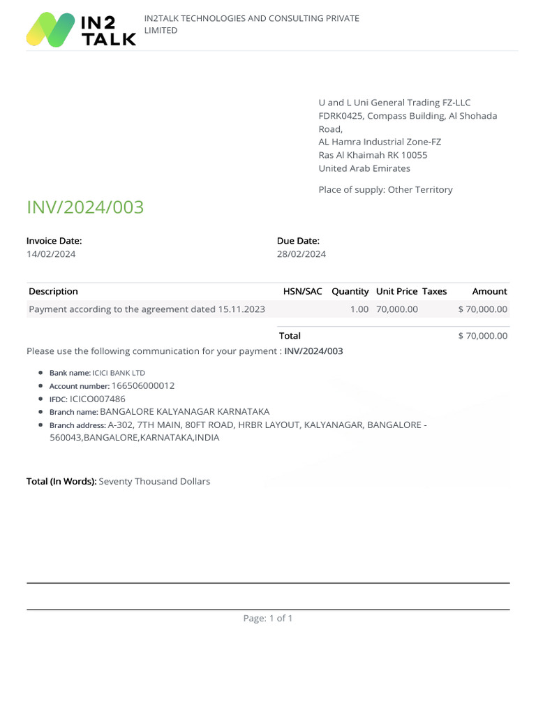Invoice INV/2024/003 for $70,000 Payment | PDF