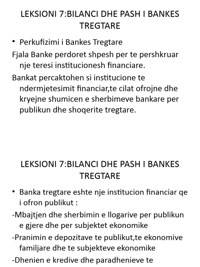 Leksioni 6 Bilanci Dhe Pash I Bankes Tregtare | PDF