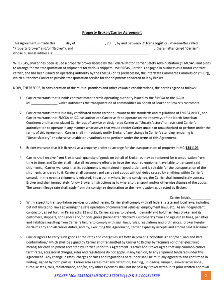 Property Broker/Carrier Agreement Template | PDF | Cargo | Liability ...