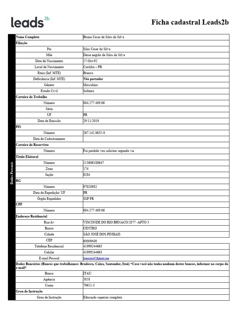 Ficha de Admissional Leads2b CLT | PDF | Brasil