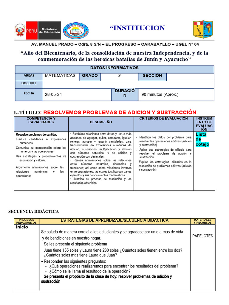 30-05-24 Mat. Resolvemos Problemas de Adicion y Sustraccion | PDF ...