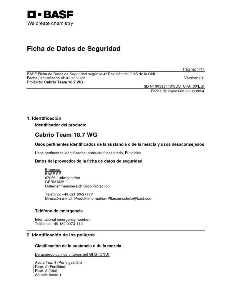 FDS Cabrio Team 18.7 WG: Peligros y Manejo | PDF | Toxicidad | Agua