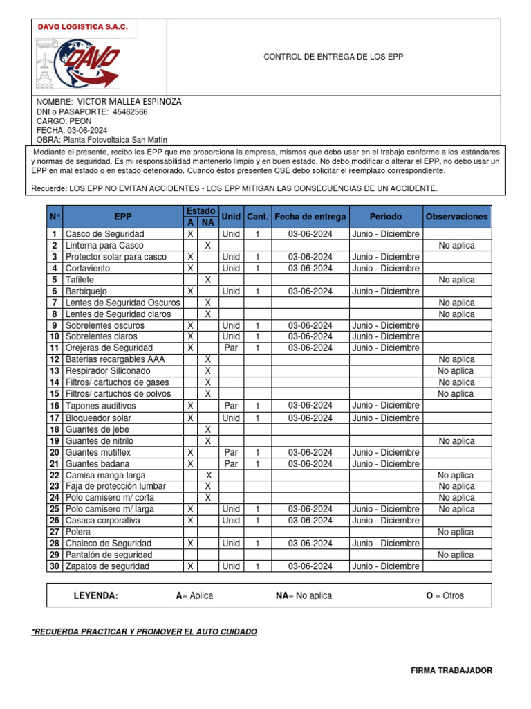 Control de Entrega de EPP 2024 | PDF