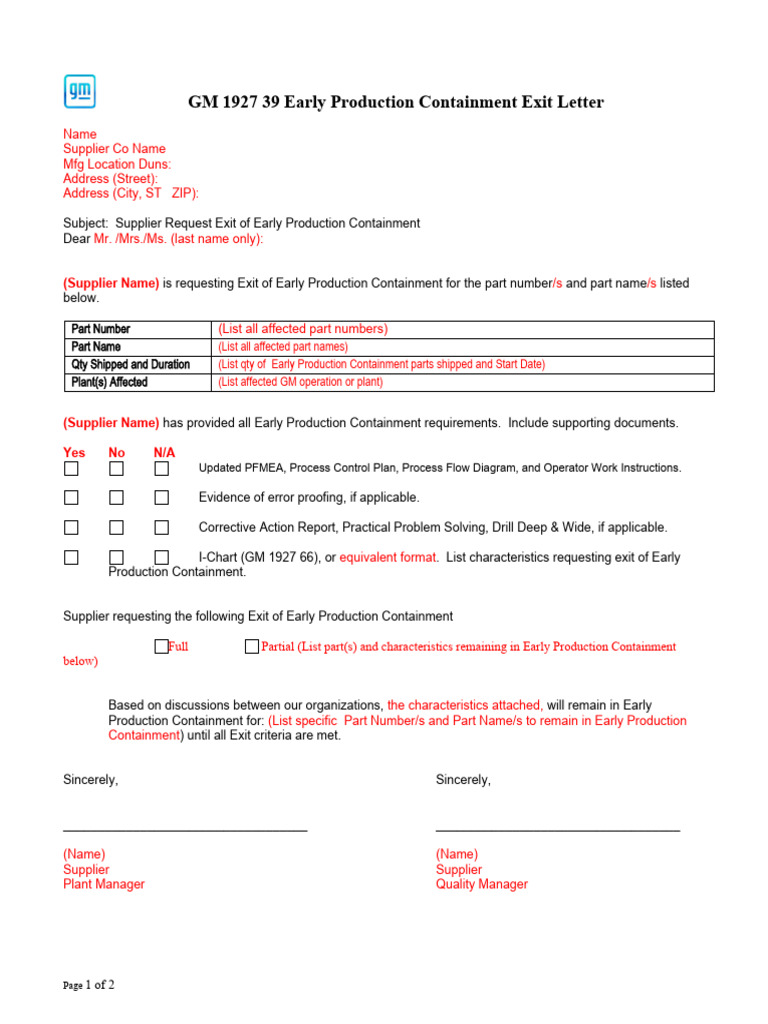 GM Early Production Containment Letter | PDF | General Motors