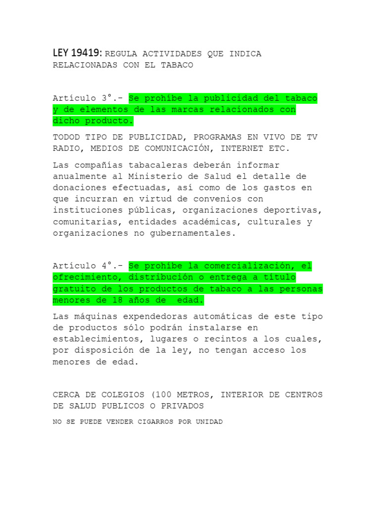 Ley 19419: Regulación del Tabaco | PDF | Tabaco | Multa (pena)