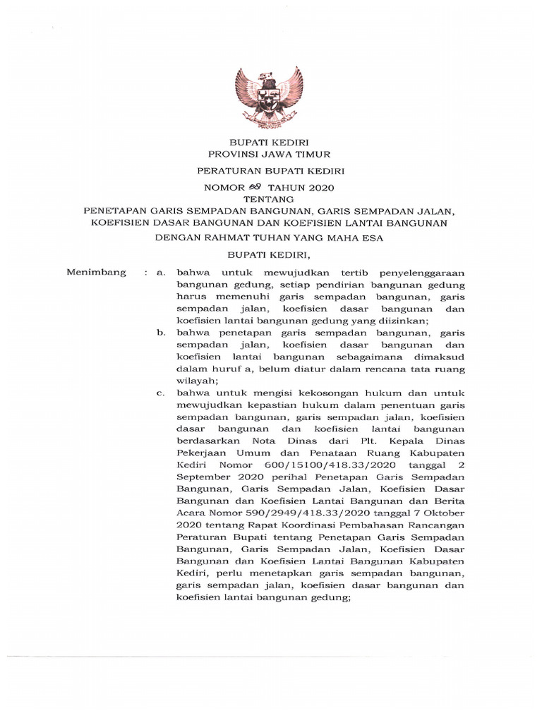 Perbup 58 Tahun 2020 Tentang Penetapan GSB GSJ KDB KLB | PDF