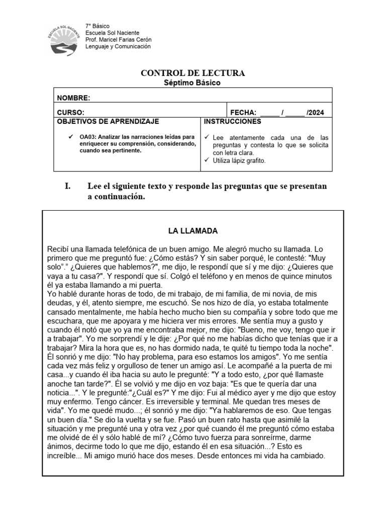 Control de Lectura 7° Básico Lenguaje | PDF