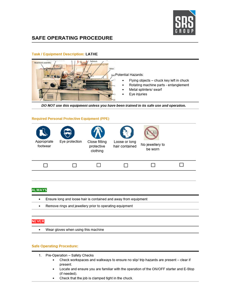 Lathe Safe Operating Procedure Guide | PDF | Safety