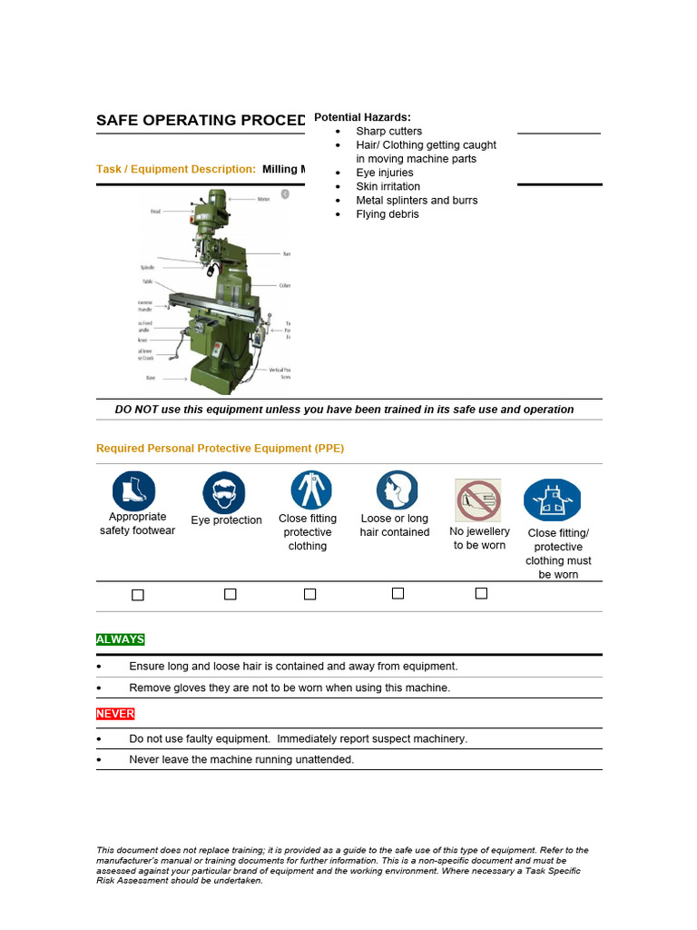 Milling Machine - Safe Operating Procedure | PDF | Clothing | Personal ...