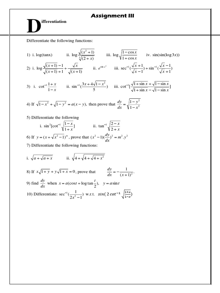 Assignment II - Differentiation - 2023 | PDF | Mathematical Physics | Calculus